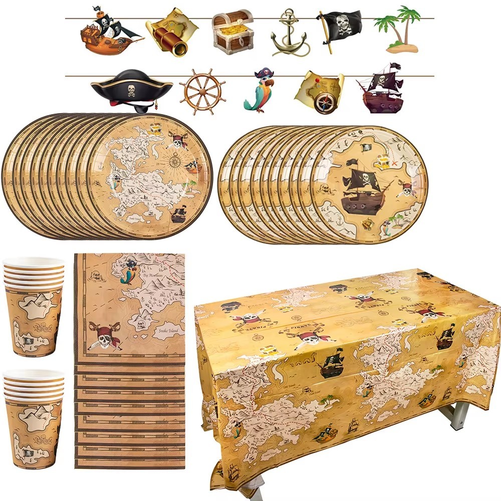 Pirate Theme Tableware Treasure Map Ship Paper Plate Cup Tablecloth Boy ...