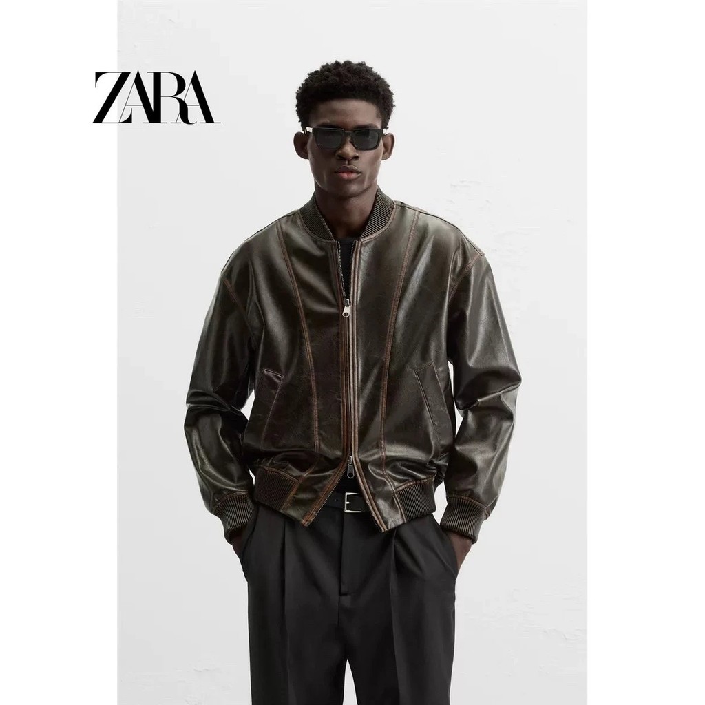 ZARA retro style leather jacket leather jacket double zipper design ...