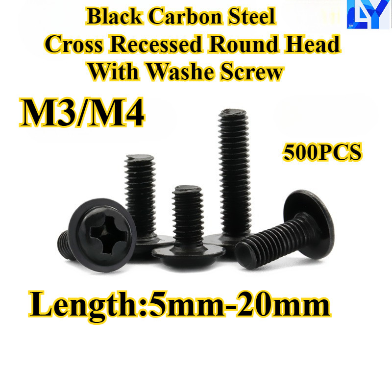 [LY-YTDDLS] 500PCS Black Carbon Steel, Cross Round Head M3/M4 Cross Pan ...
