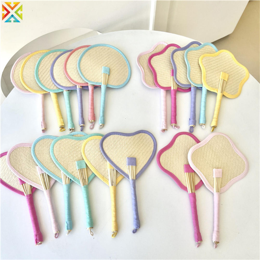 Summer Cooling Manual Straw Hand Fans Colorful Palm-leaf Fan Love-heart ...