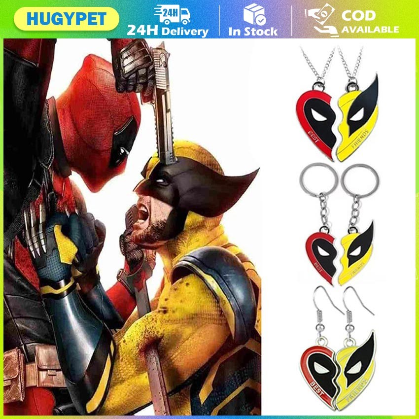 2PCS Deadpool And Wolverine Keychain Necklace Earring Mask Half Heart ...