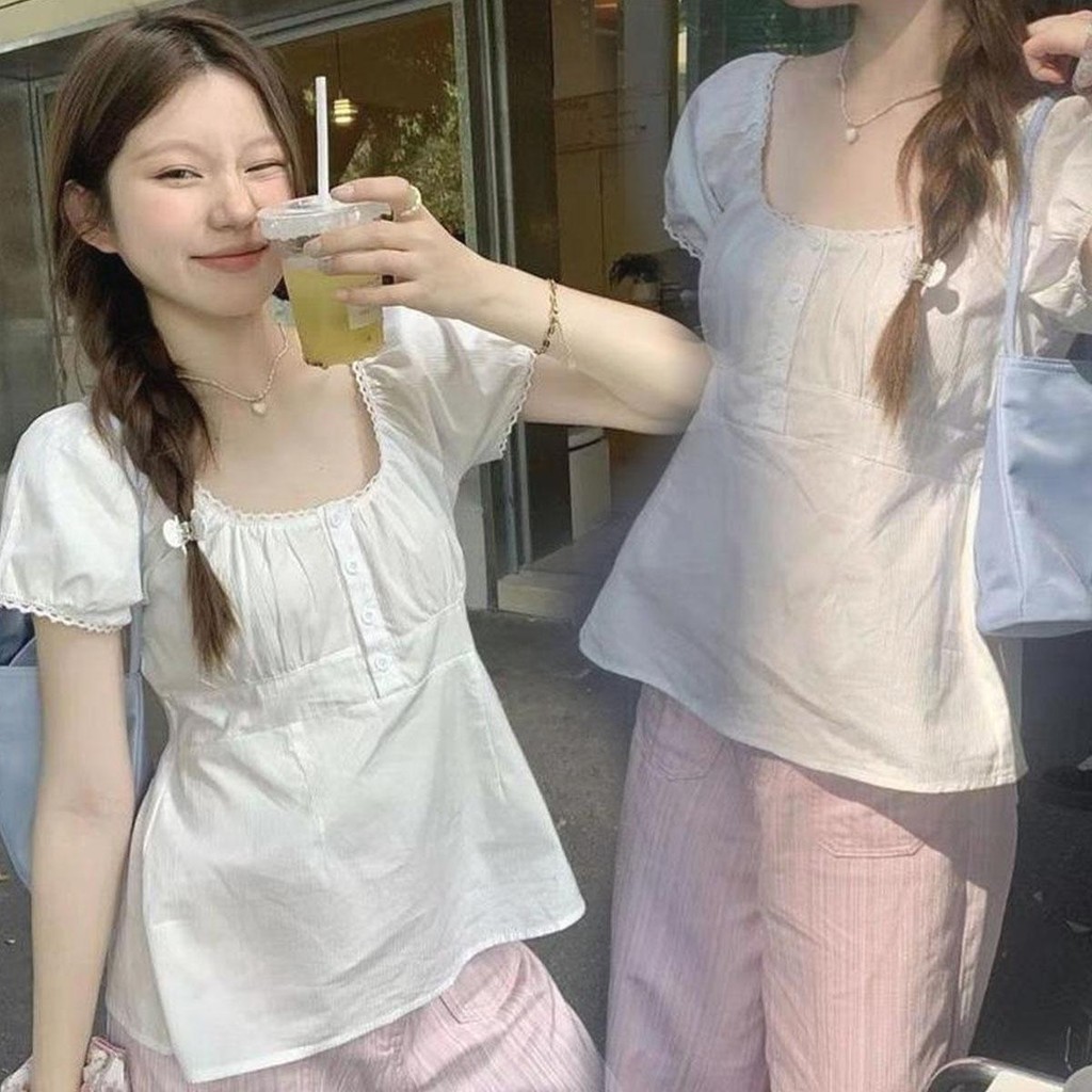 Square Neck Blouse, Puff Sleeves, Slim Fit, Summer Fashion, Cute White Shirt for Women#w489 ...