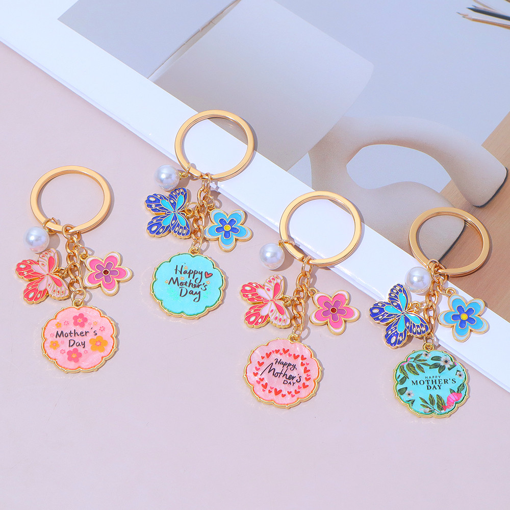 Colorful Butterfly Keychains Faux Pearl Pendant Metal Flower Tag ...
