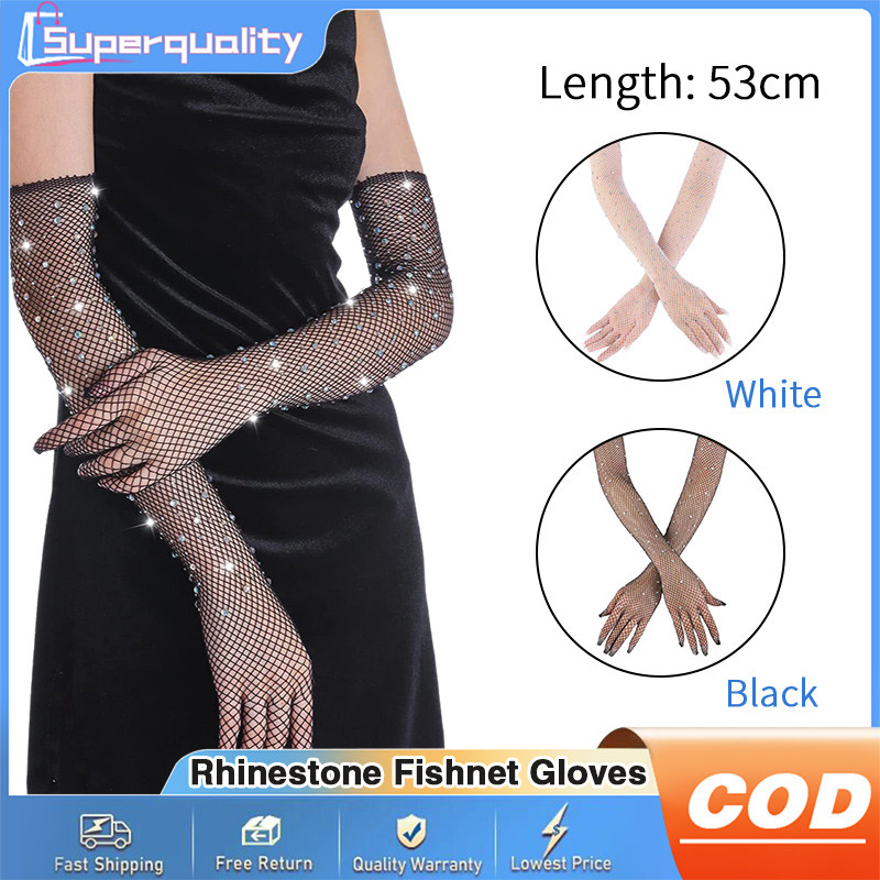 Shiny Rhinestone Fishnet Gloves Retro Mesh High Elastic Mesh Color ...