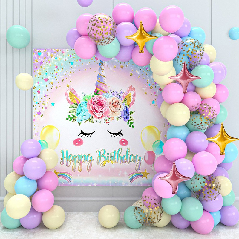 Unicorn theme Backdrop Balloon Birthday Decoration Set Confetti Pastel ...