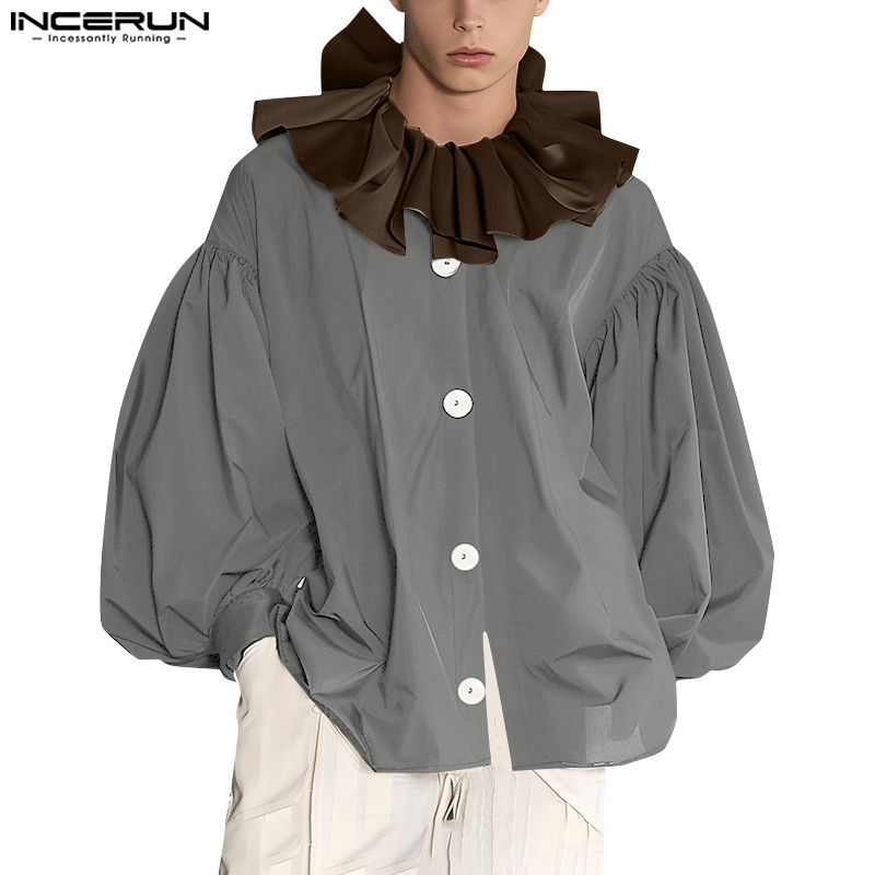 INCERUN Men Vintage Ruffle Neck Color Blocking Puff Sleeve Loose Shirts ...