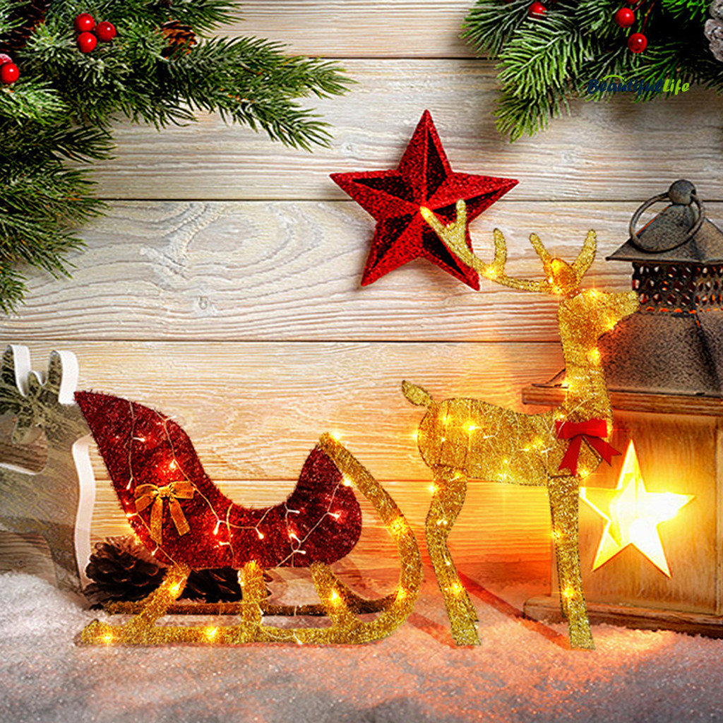 Beautifullife Christmas Reindeer Sleigh Ornament Light Up Reindeer Yard ...