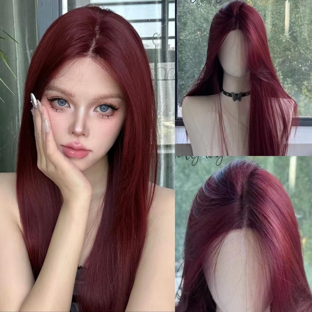 Wine Red Wig Long Straight Hair Wig Female Natural Synthetic Wigs ...