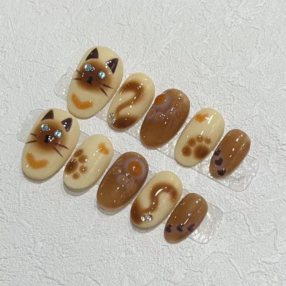 [5in1 Toolkit+HANDMADE]Artificial Nail Cute Hand Painted Siamese Cat ...