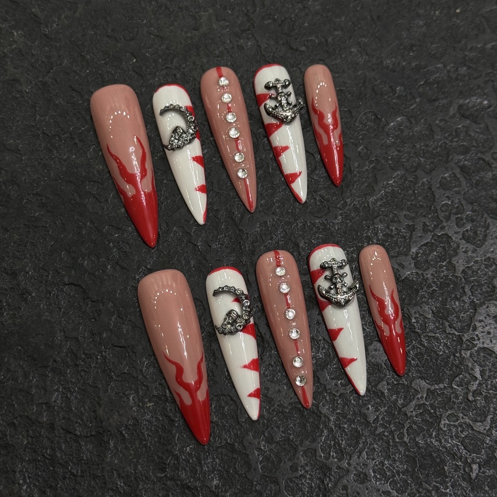 Full HANDMADE Artificial Nail Long Almond Shape Hot Sexy Punk Style ...