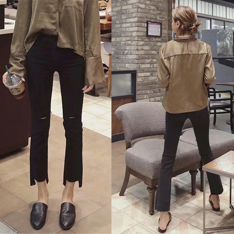 Korean Women High Waist Ripped Irregular Flared Nine-Point Jeans ...