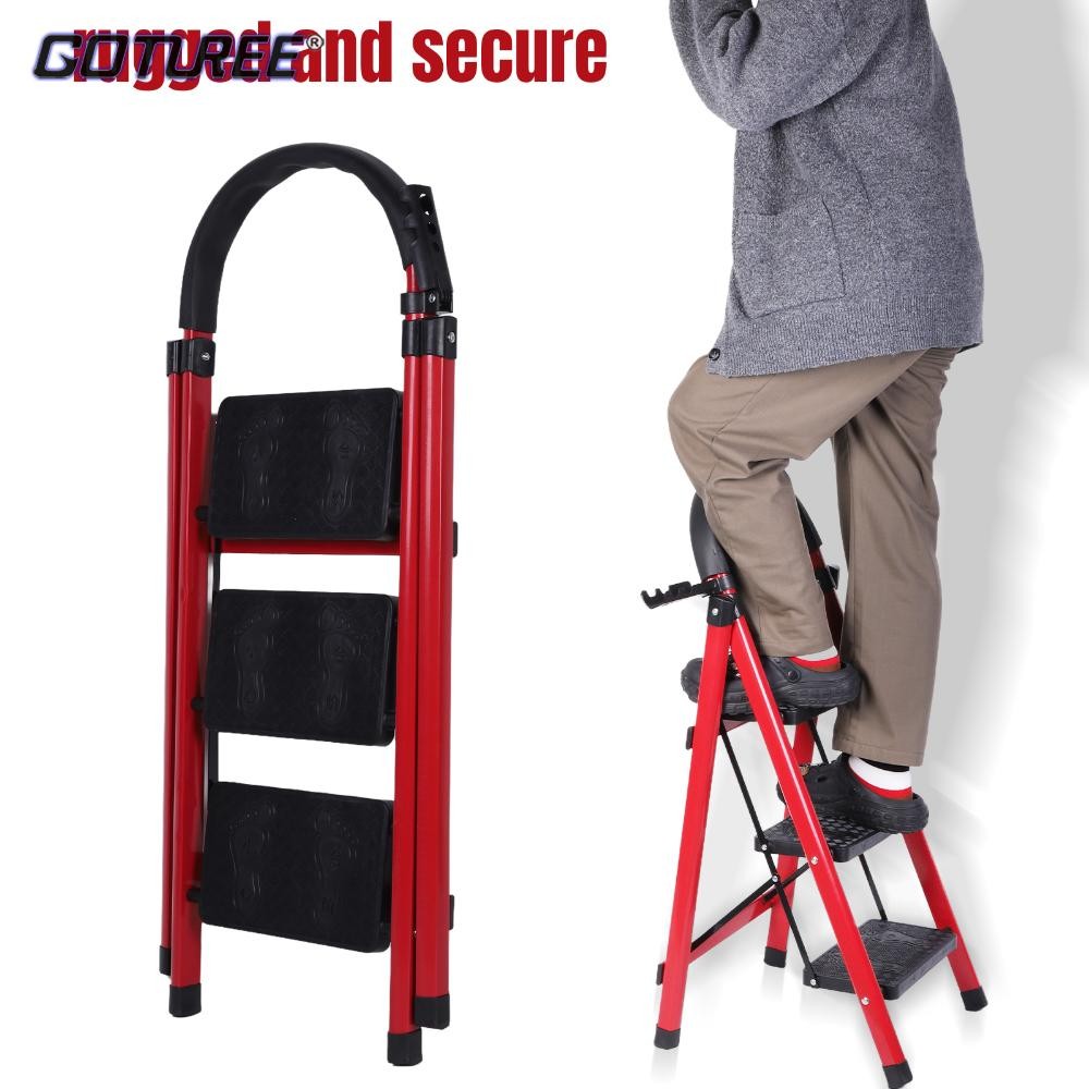 3 Step Folding Ladder Sturdy Steel Ladder 300 Lbs Load Capacity Wide ...