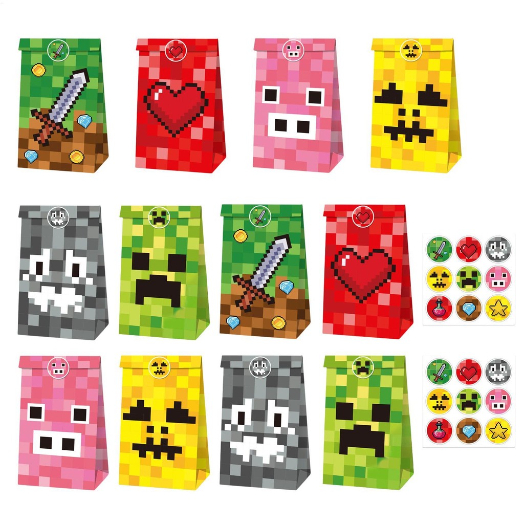 Minecraft Kraft Paper Bags 12X Brown Paper Bags Game Pixel Theme Snacks ...