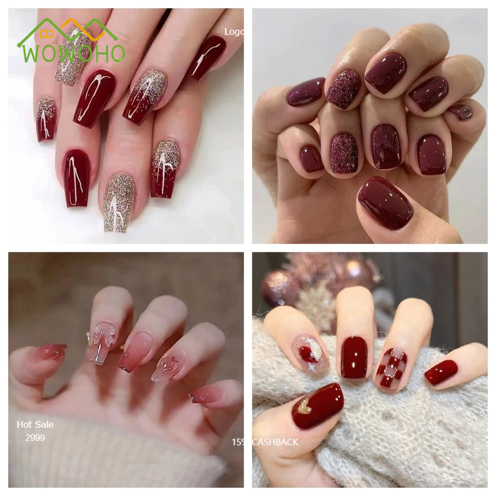 WOWOHO 24 Pieces Burgundy Hot Girl Fake Nail Pieces Wearing Nails ...