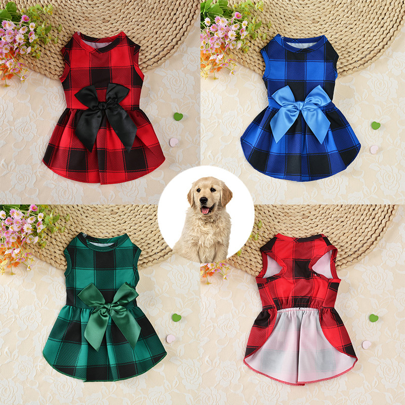 Christmas Dog Plaid Skirt Sweet Dog Bowknot Princess Dress Pet Princess ...