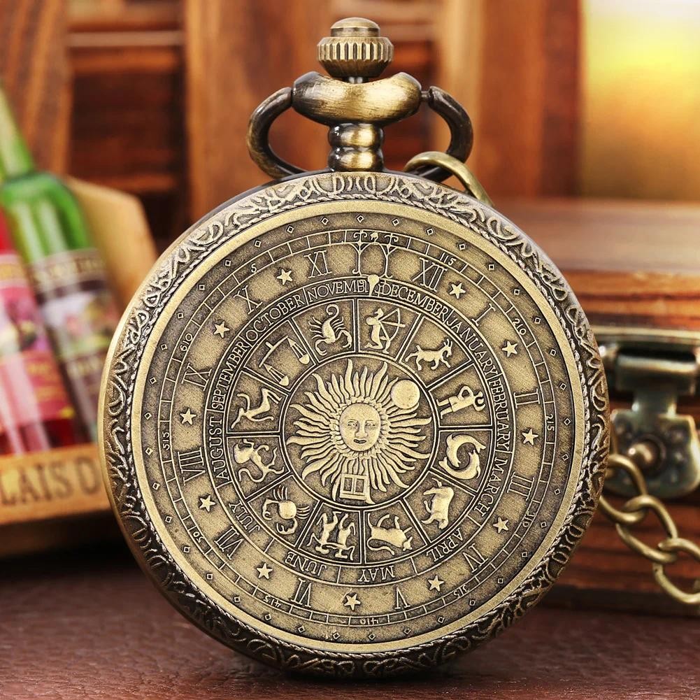 Vintage Pocket Watch Bronze Quartz Zodiac Signs Watches with Chain The ...