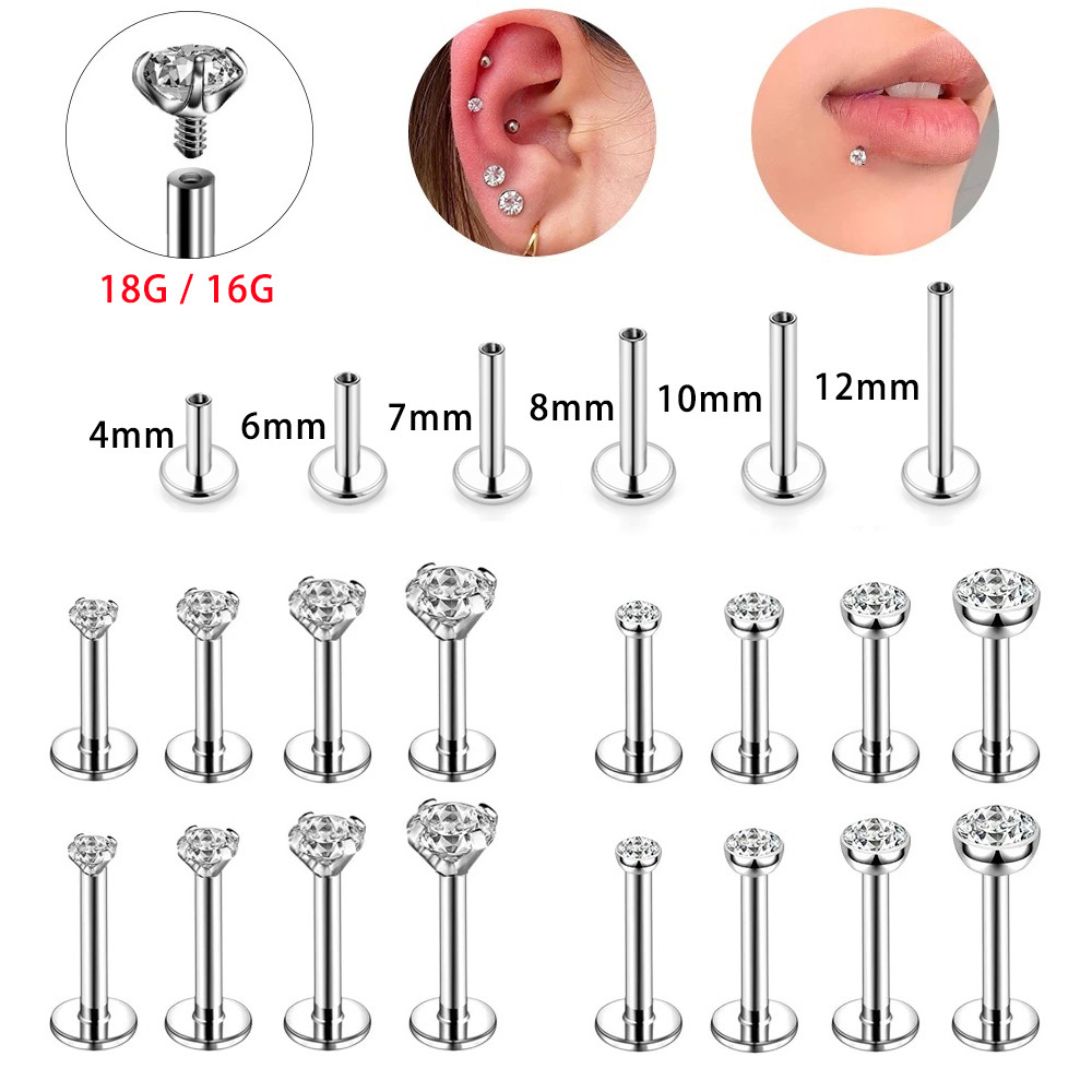 1 Pc 18G/16G Stainless Steel Lip Stud Round Zircon Cartilage Stud ...