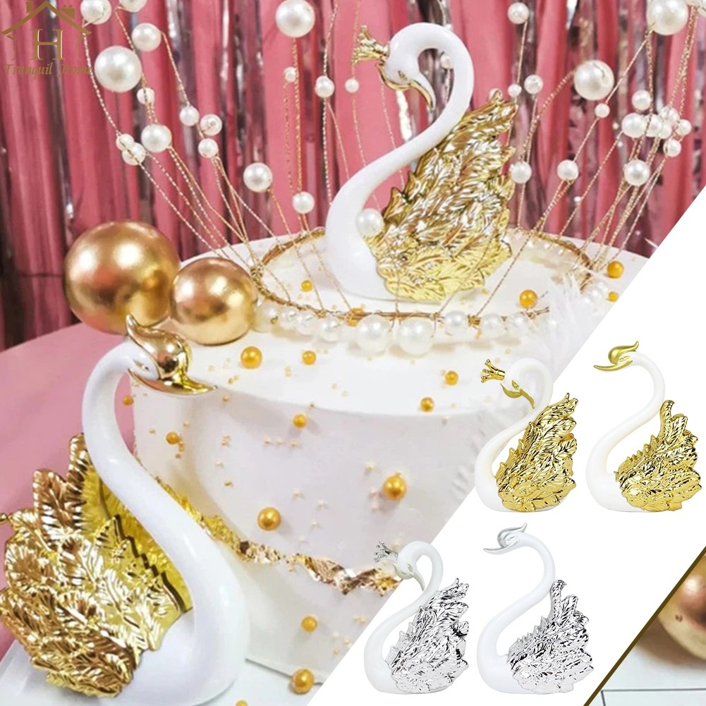 2PCS Swan Cake Topper Cute 3D Swan Statues Cake Decoration for Wedding ...