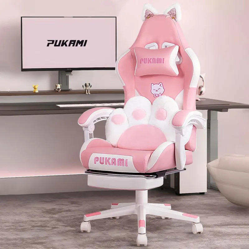 Gaming Chair Cute with Cat Ears and Cat Paw Lumbar Cushion, Ergonomic ...