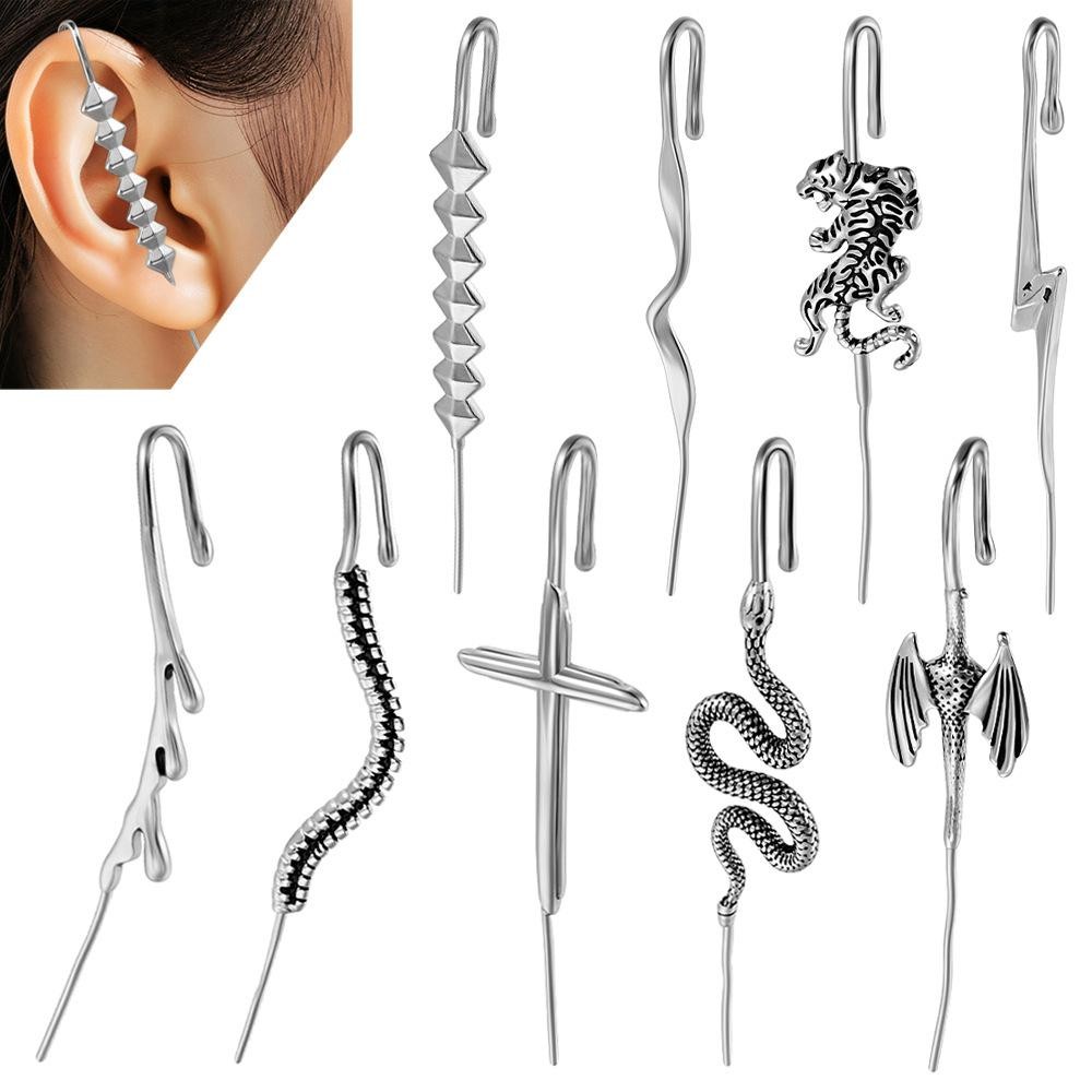 1 Pair Stainless Steel Cross Tiger Hook Ear Cuff Earring Long Earrings Punk Wing Earlobe Conch ...