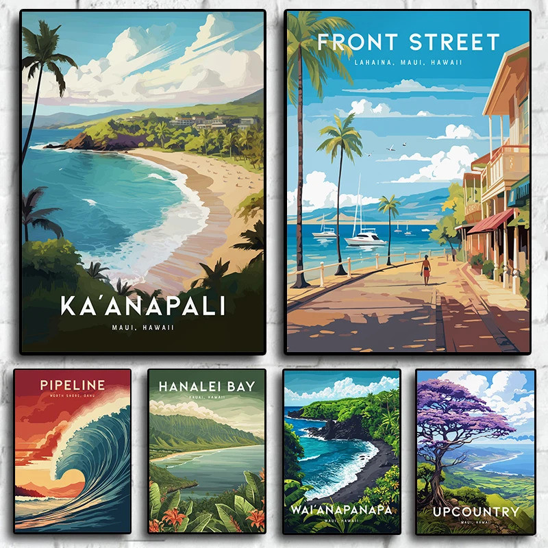 Hawaii Lahaina Vintage Travel Mountain Beach Landscape Poster Canvas ...