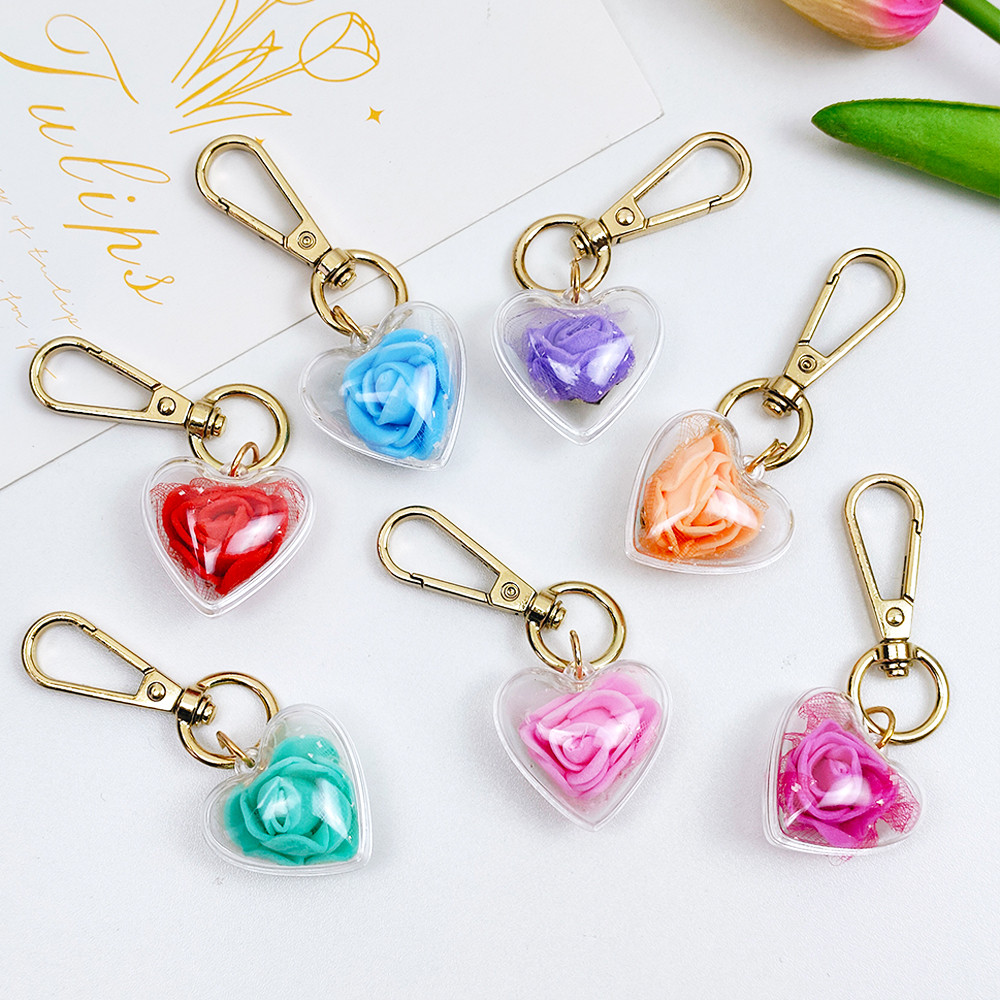 Trendy Heart Box Rose Keychains Romantic Love Flower Keyrings Valentine ...