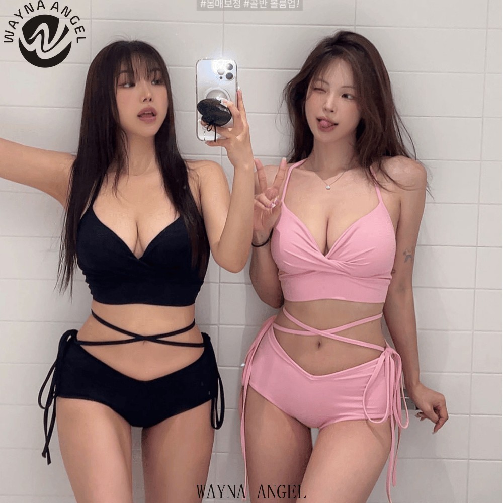 (Wayna Angle)Solid Color Big Boobs Gather Sisters Bestie Style Sexy Cross Split Swimsuit Ladies ...