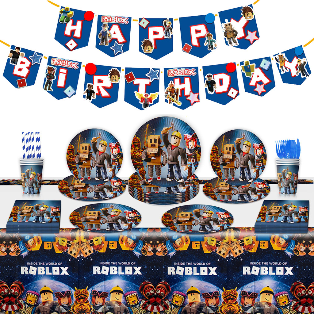 Roblox Theme Kids Birthday Party Supplies Banner Cake Topper Plates ...