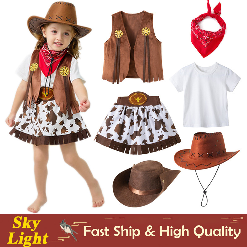 Cute Western Style Cowboy Brown Vest Cow Skirt For Kids Girl Red Scarf ...