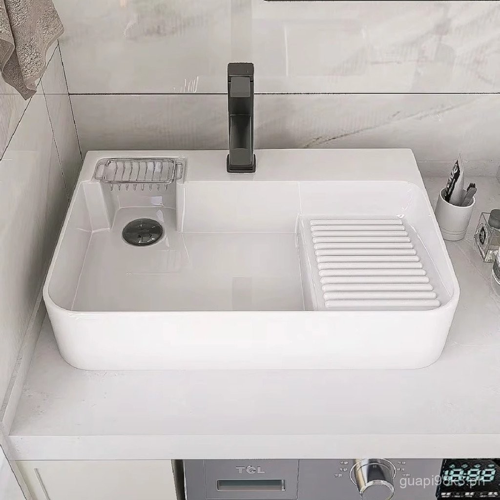 Ceramic Countertop Basin with Washboard, Balcony Washing Machine Side ...
