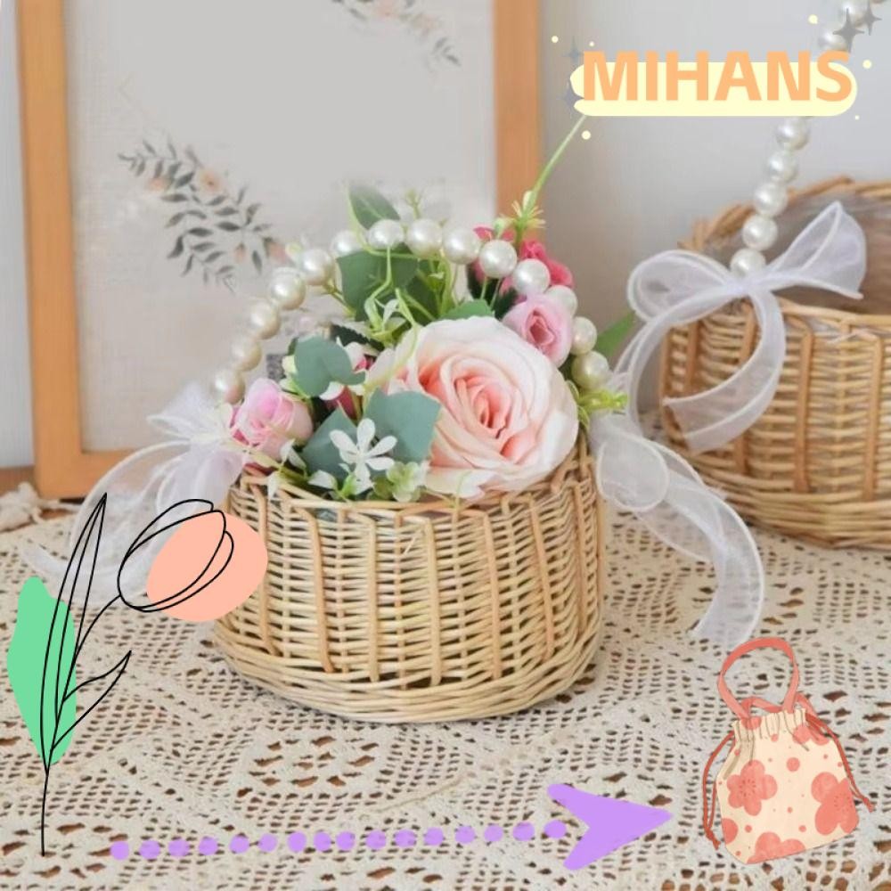 MIH Flower Girl Baskets, Pearls Handle Willow Rattan Woven Basket ...