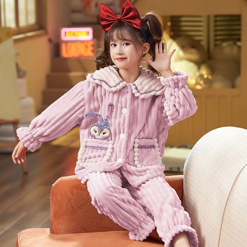 Girls Flannel Pajamas Winter Coral Fleece Thickened Medium Big Children ...