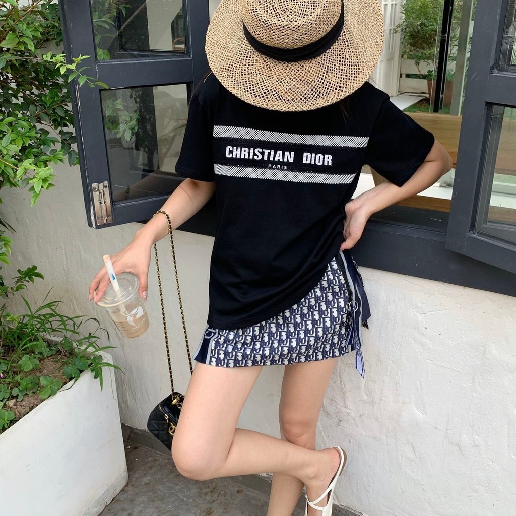DIOR9300 New Style Letter Short Sleeve Loose Slimmer Look All-Match ...