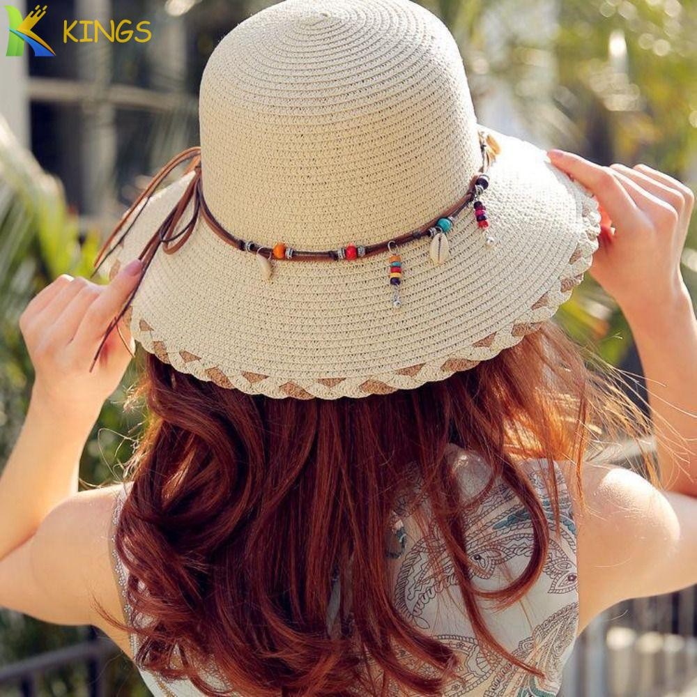 KINGS Bohemian Beaded Strap Straw Hat, Western Country Style Spring Summer Folding Straw Hats ...