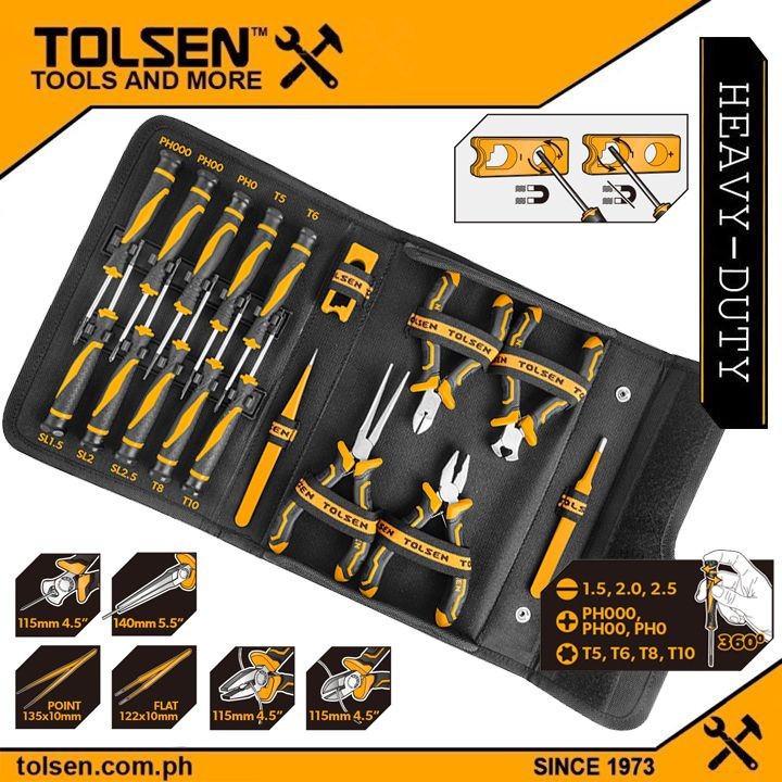 Tolsen 17pcs Industrial Grade Precision Repair Tool Set w/ Canvas Bag ...