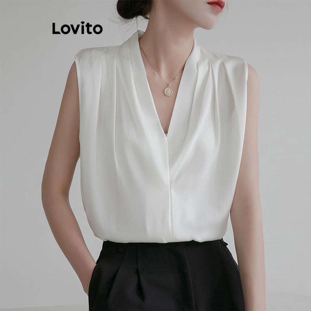 Lovito Women Elegant Plain Pleated Tank Top LNE53090 | Shopee Philippines