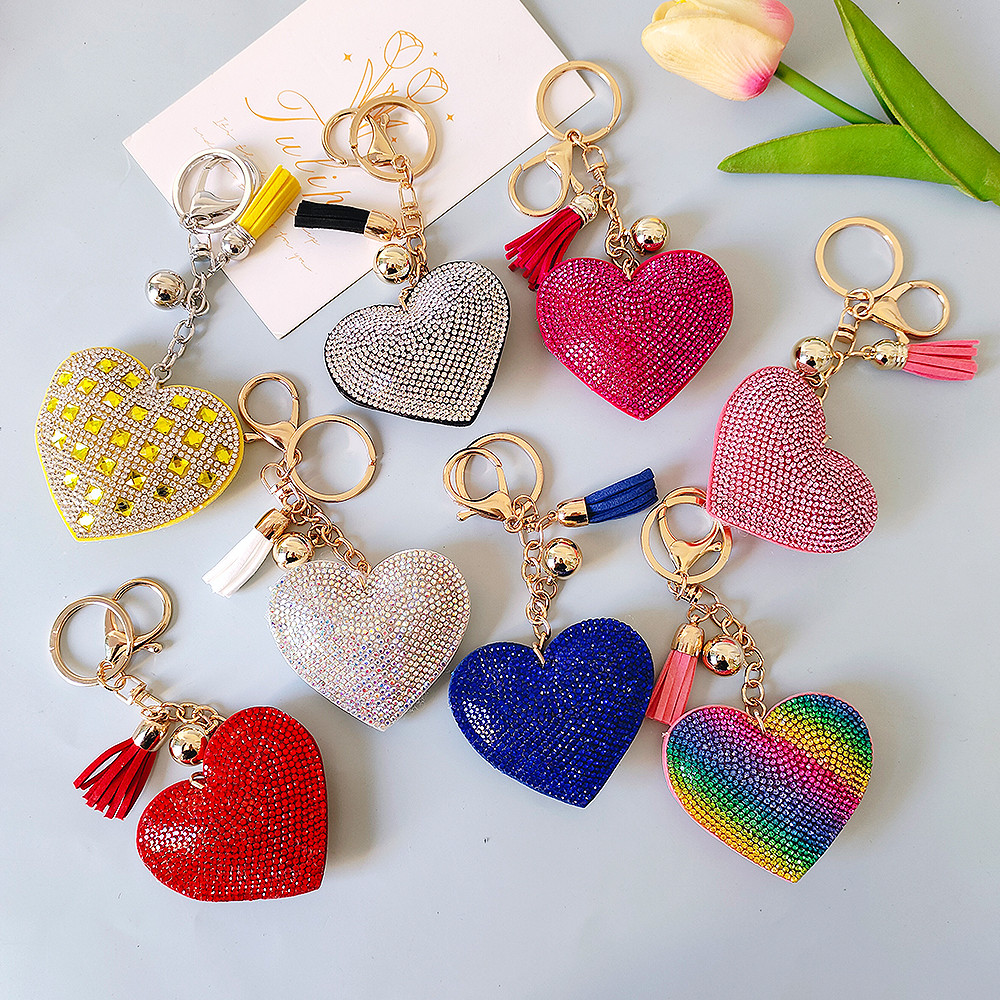 Fashion Rhinestone Heart Keychains Creative PU Leather Love Keyrings ...