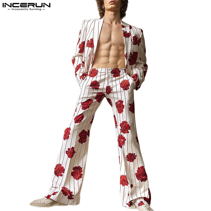 INCERUN Men Vintage Long Sleeve Fashion Rose Stripe Print Two-Piece ...