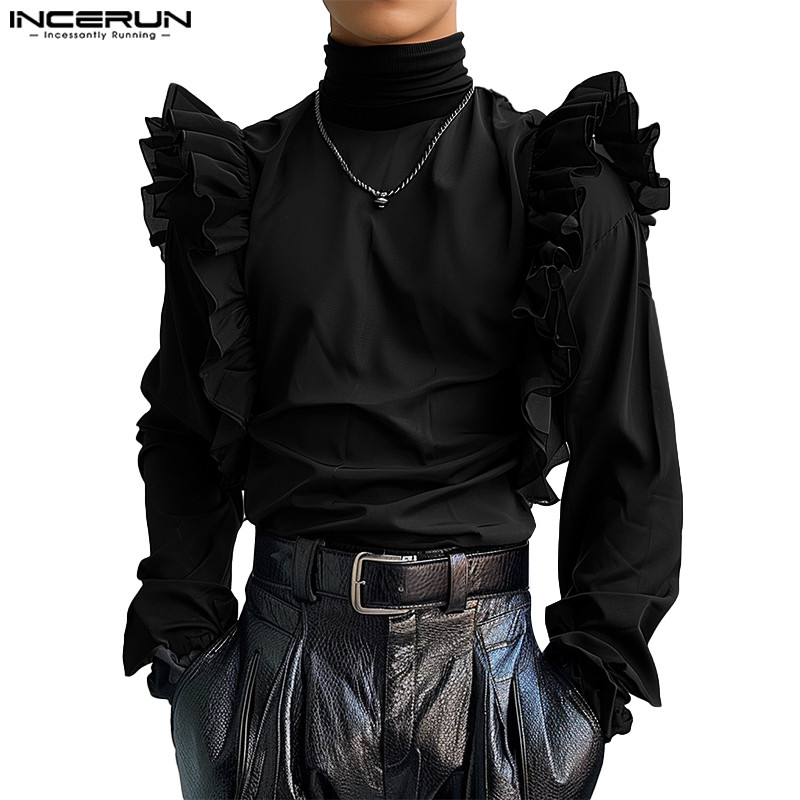 INCERUN Men Vintage Fashion Elegant High Neck Ruffle Long Sleeve T ...