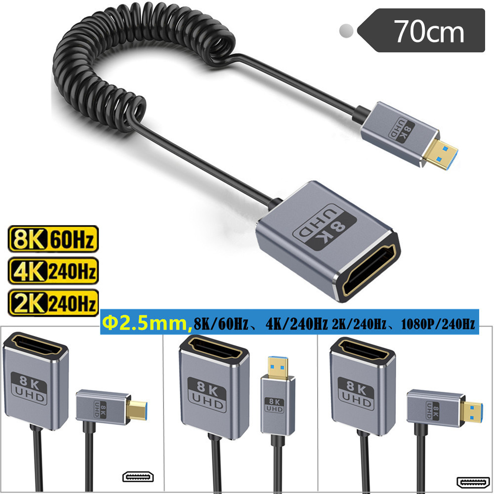 Retractable Spring 8K@60Hz Micro HDMI to HDMI Coaxial Cable 70CM, Right ...