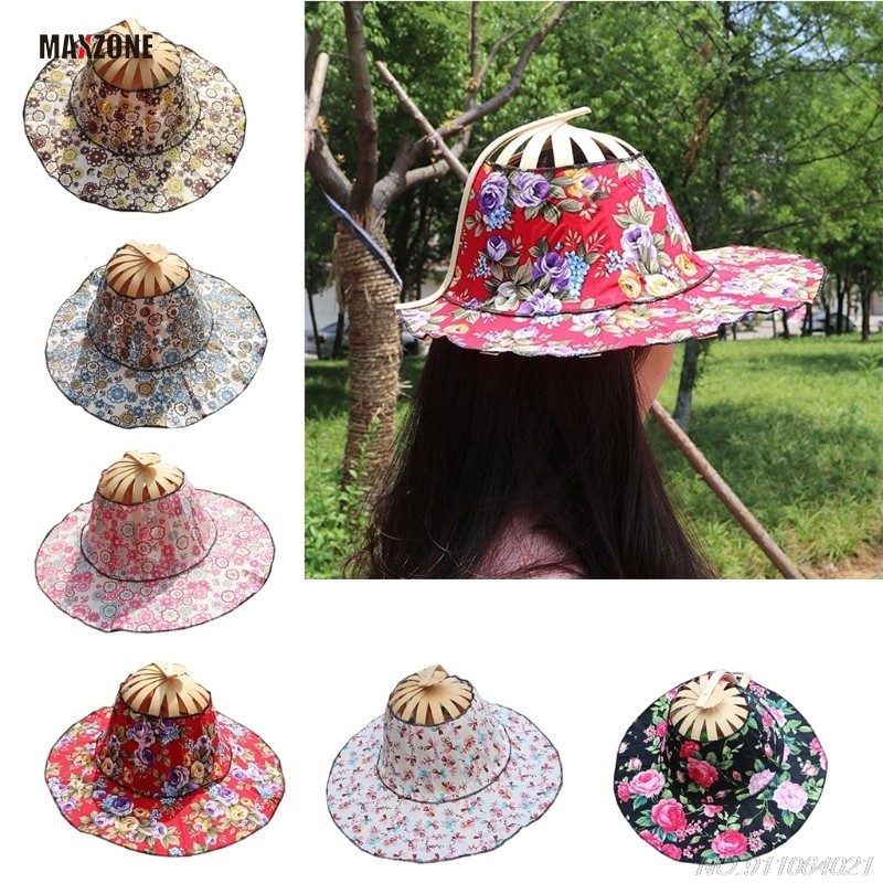 MAXZONE 2in1 Bamboo Folding Fan Hat for Women Girl Hand Held Folding ...