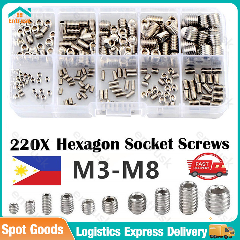 220pcs M3 M4 M5 M6 M8 Allen Head Socket Set Grub Headless Screws Flat ...