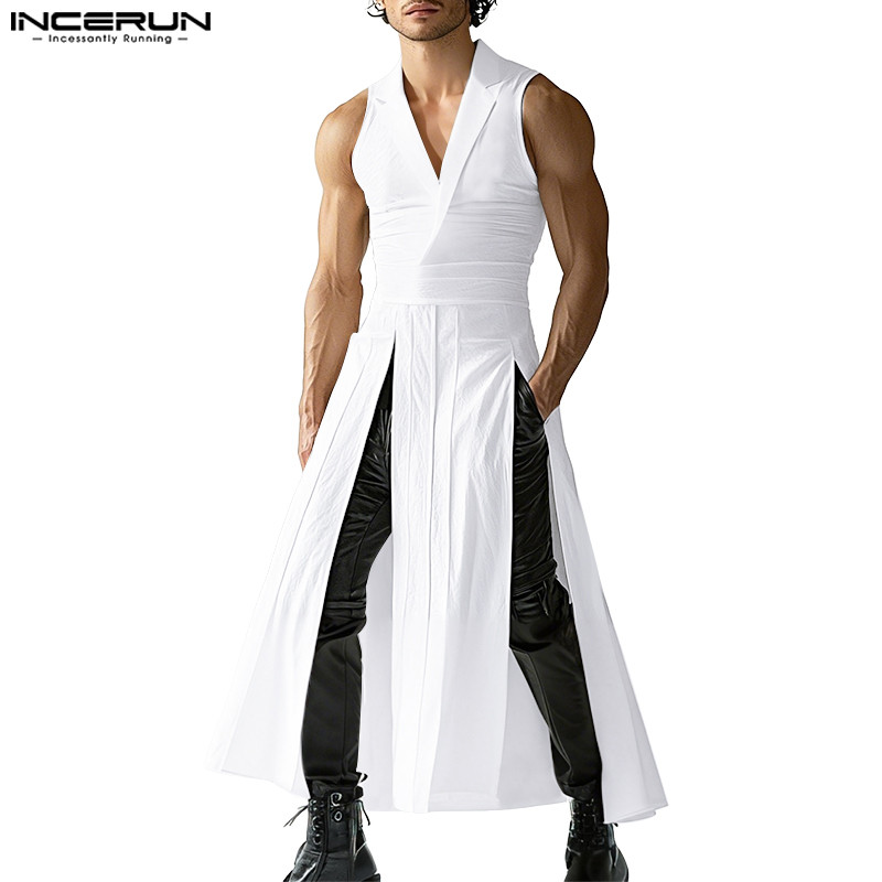 INCERUN men's suit collar slim fit hem slit long vest | Shopee Philippines