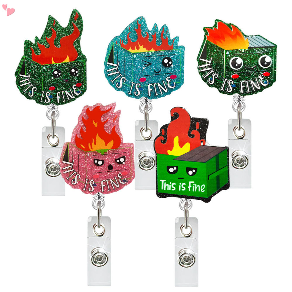 Funny Badge Reels Retractable Name Tag Alligator Clip "This is Fine ...