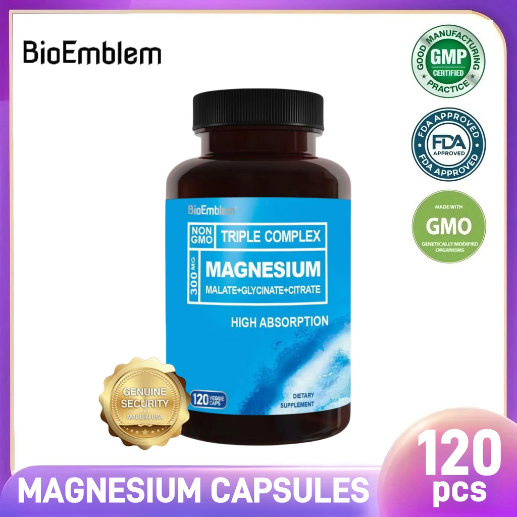 BioEmblem Magnesium Capsules Triple Complex 300mg High Absorption, Vegan, Non-GMO 120 Capsules ...