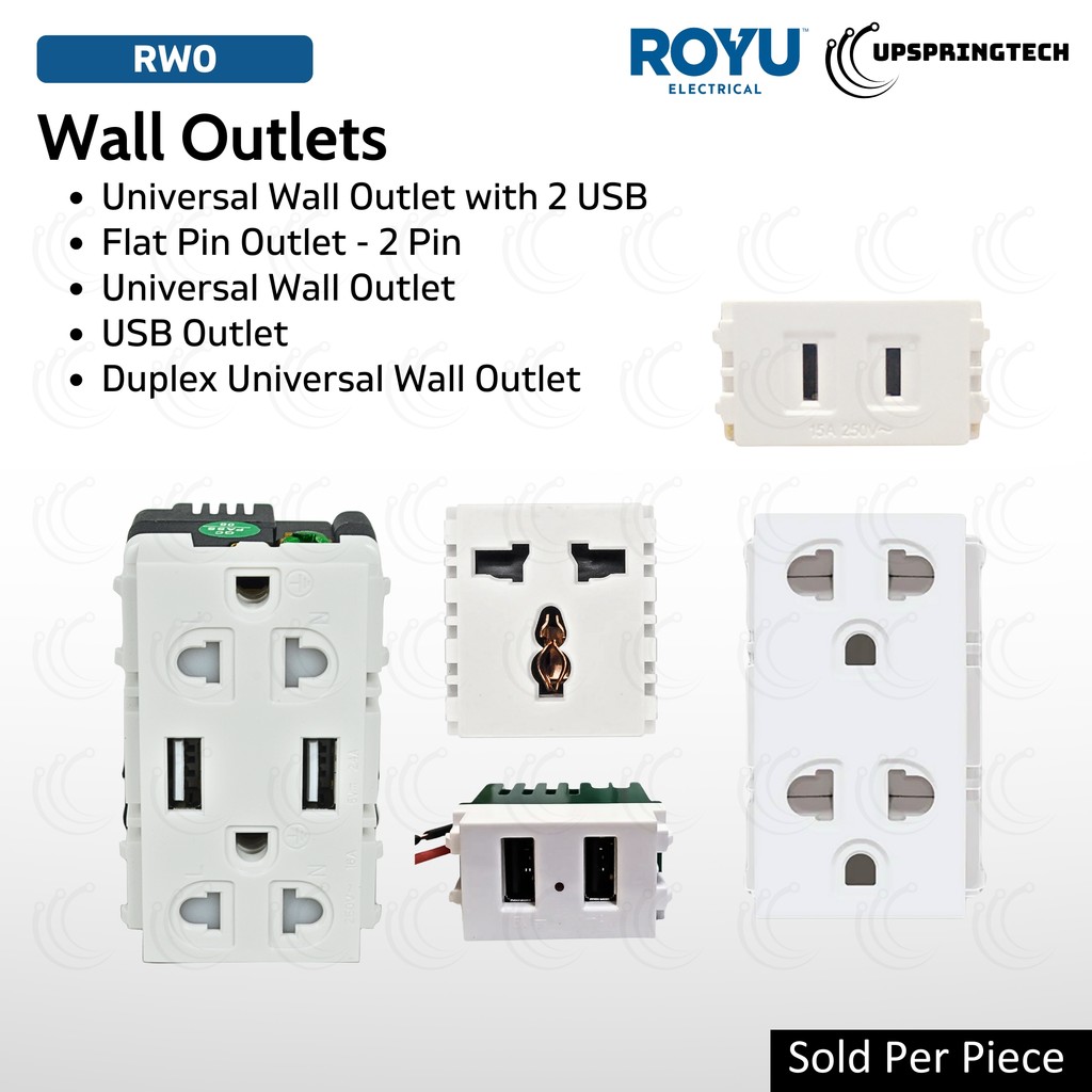 Royu Wide Series Universal Wall Outlet – Flat Pin, USB, Grounded, with ...