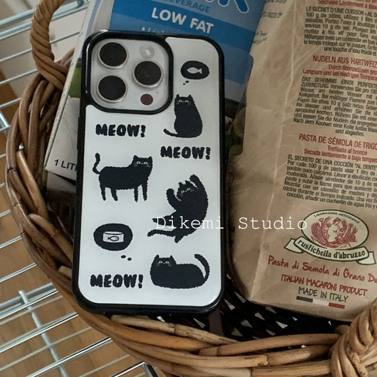 Korea Ins Small Sweet Cool Black Cats Meow Soft Black Edge Case for ...