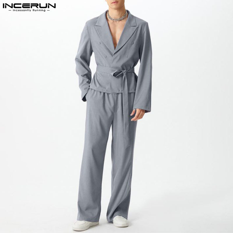 INCERUN Men Vintage Lace-Up Double-Breasted Casual Straight Two-Piece ...