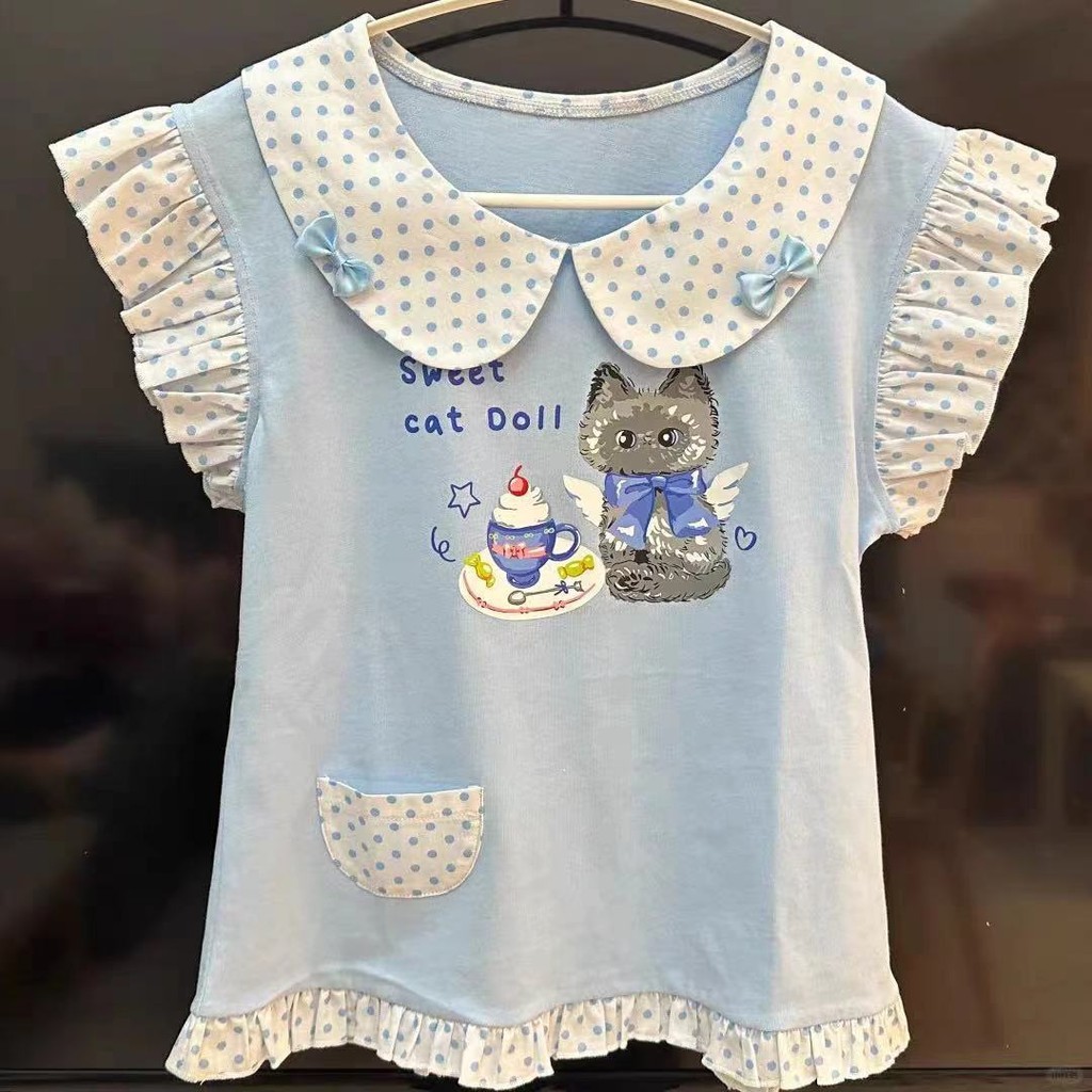 Women Girl Cat Print T-shirt Navy Collar Cute Short Sleeves Shirt ...