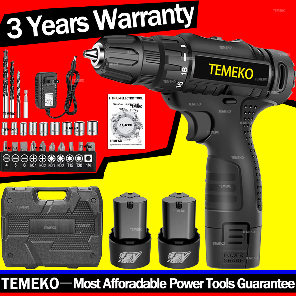 TEMEKO 12V 10mm Cordless Drill Dual Speed 2 Battery Complete Accessory Drill Bits Sets Hand ...